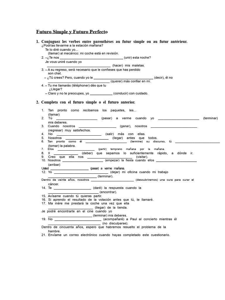 Ejercicios de Gramática-Futuro Simple + Anterior | PDF