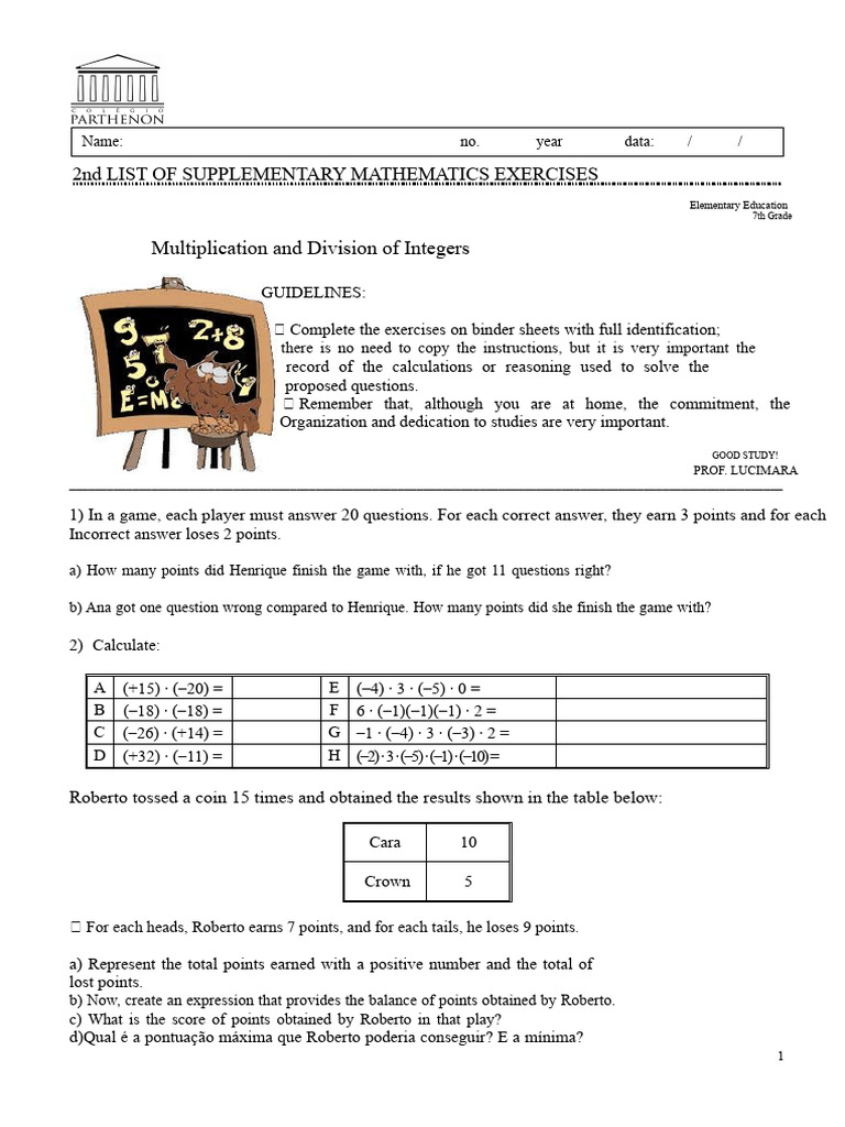 7th Grade Integer Math Exercises | PDF | Mathematics | Multiplication