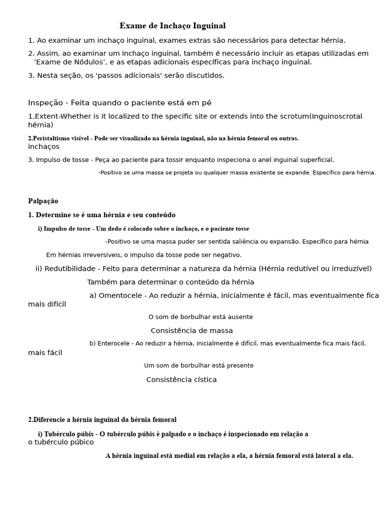 Exame de Inchaço Inguinal: Passos e Diagnósticos | PDF