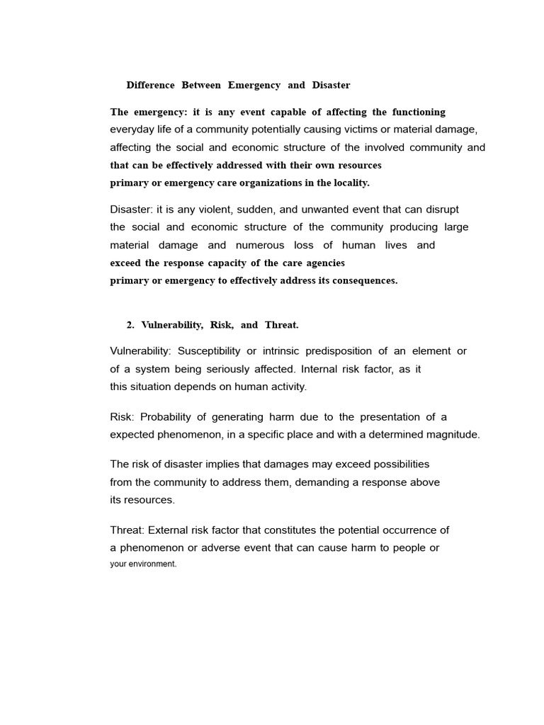 Difference Between Emergency and Disaster | PDF | Risk | Vulnerability