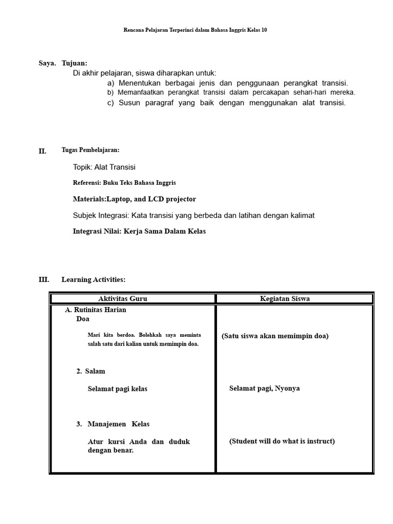 Rencana Pelajaran Alat Transisi Kelas 10 | PDF