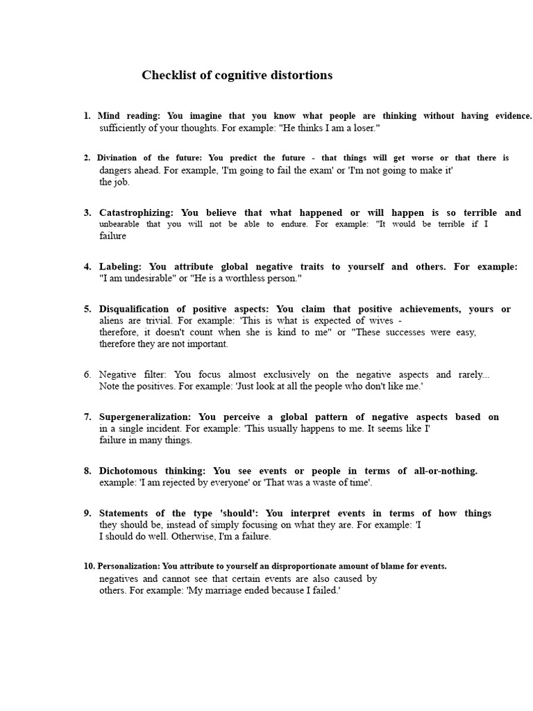 Cognitive Distortions Checklist | PDF | Thought | Psychology
