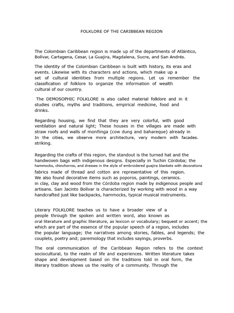 FOLKLORE OF THE CARIBBEAN REGION of Colombia | PDF