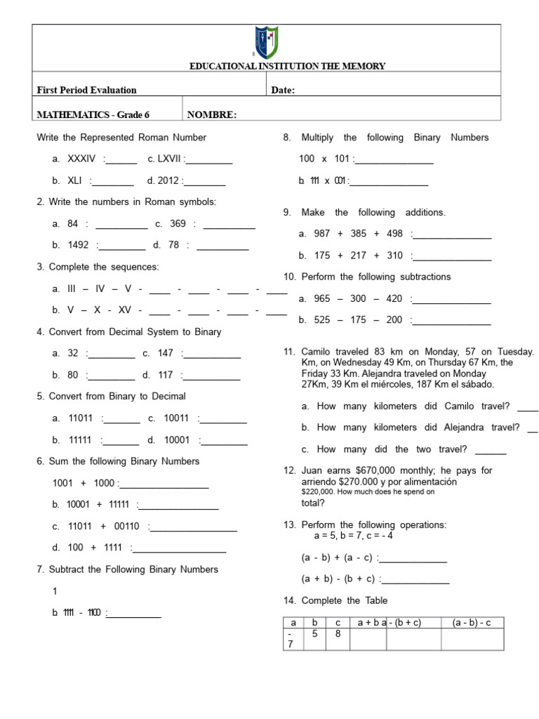 Mathematics Assessment Grade 6 - First Period | PDF | Elementary ...