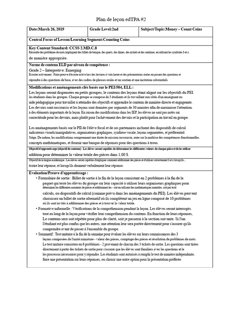 Leçon sur le comptage des pièces en 2e année | PDF | Apprentissage