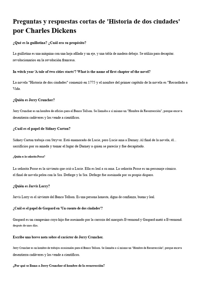 Respuestas Cortas y Preguntas de Un Cuento de Dos Ciudades | PDF | Un ...