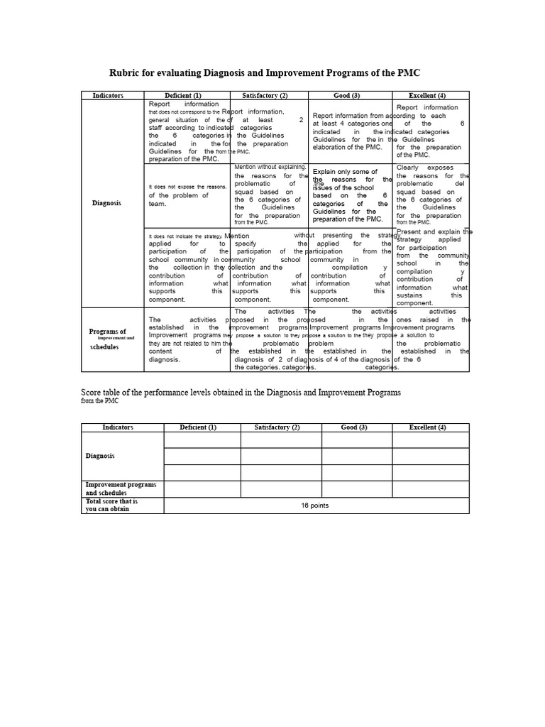 Rubric For Evaluating Diagnosis and Improvement Programs of The PMC | PDF
