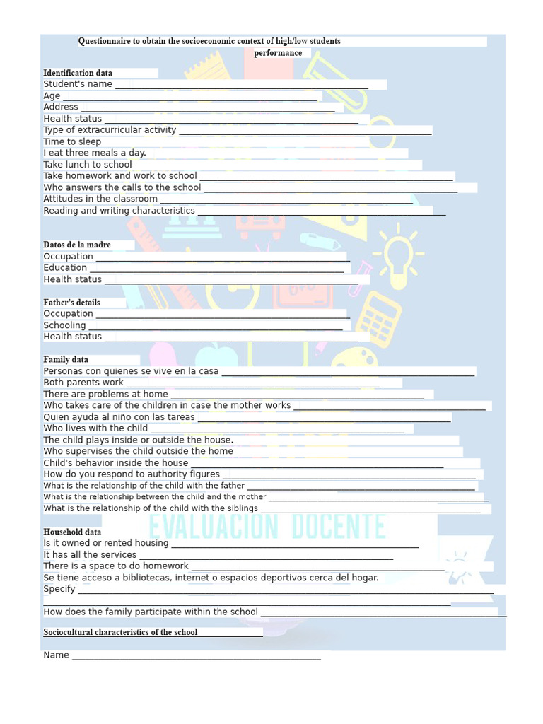 Questionnaire To Obtain The Socioeconomic Context of High School ...