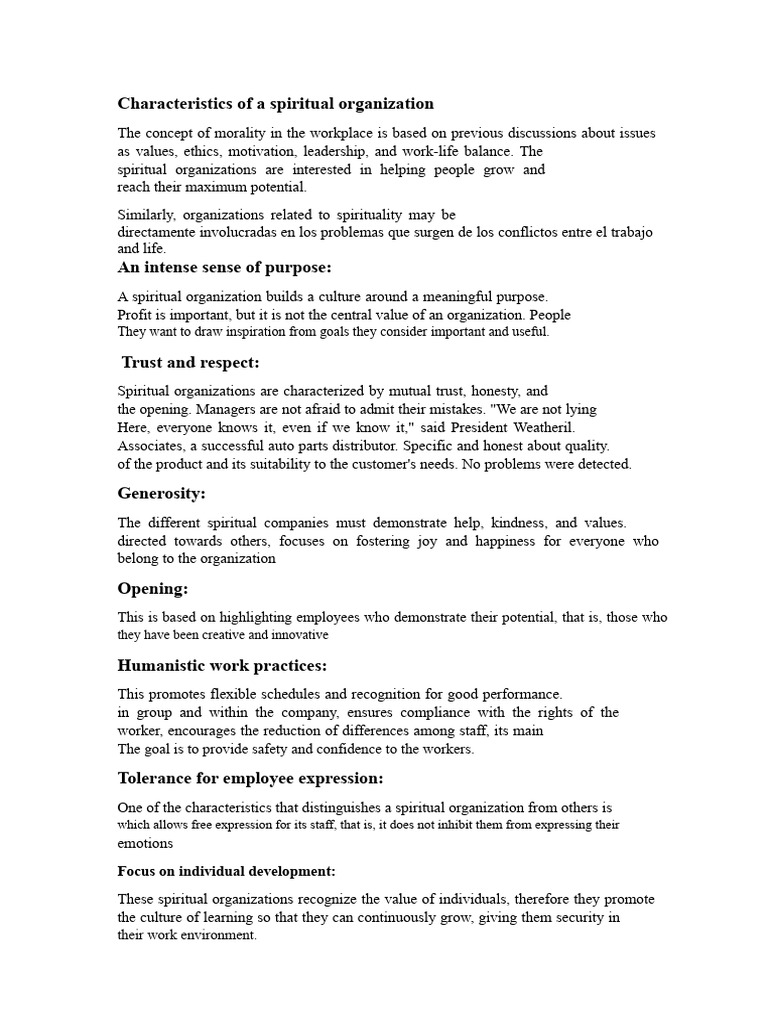 Characteristics of A Spiritual Organization | PDF | Leadership | Value ...