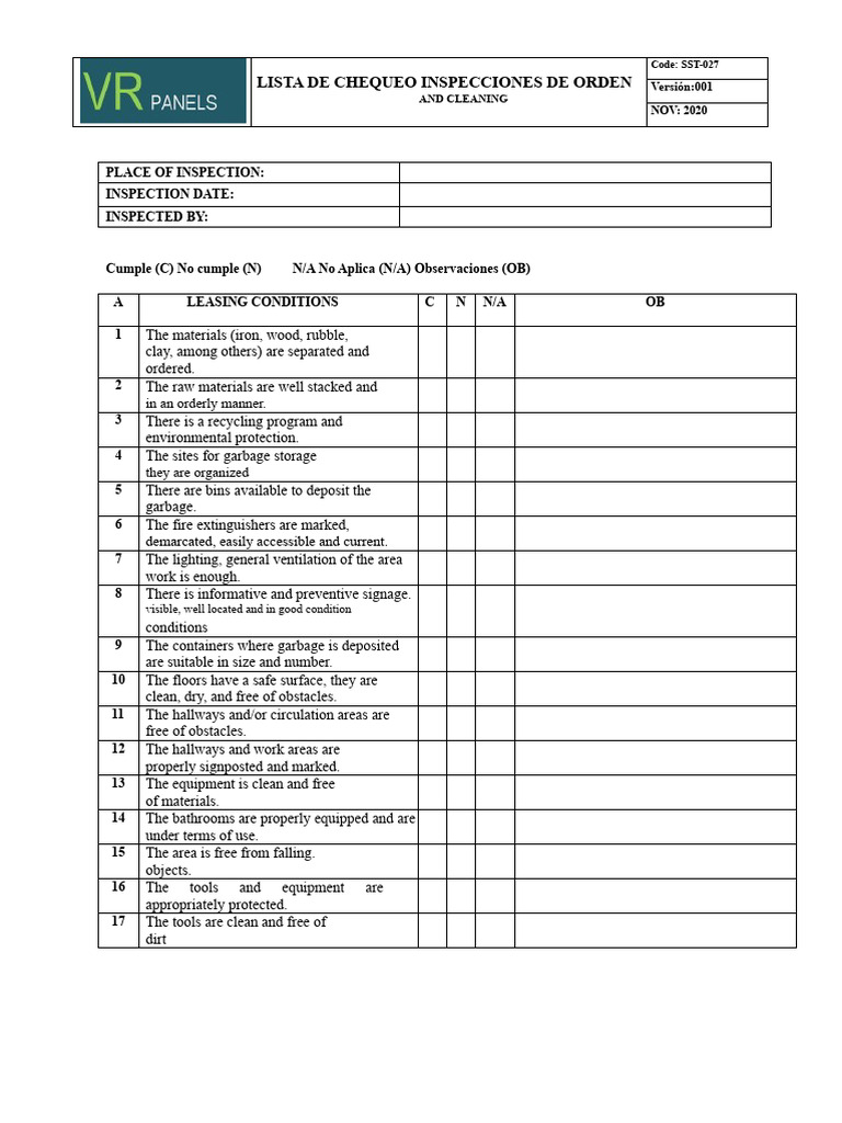 Inspection Checklist for Workplace Cleanliness | PDF