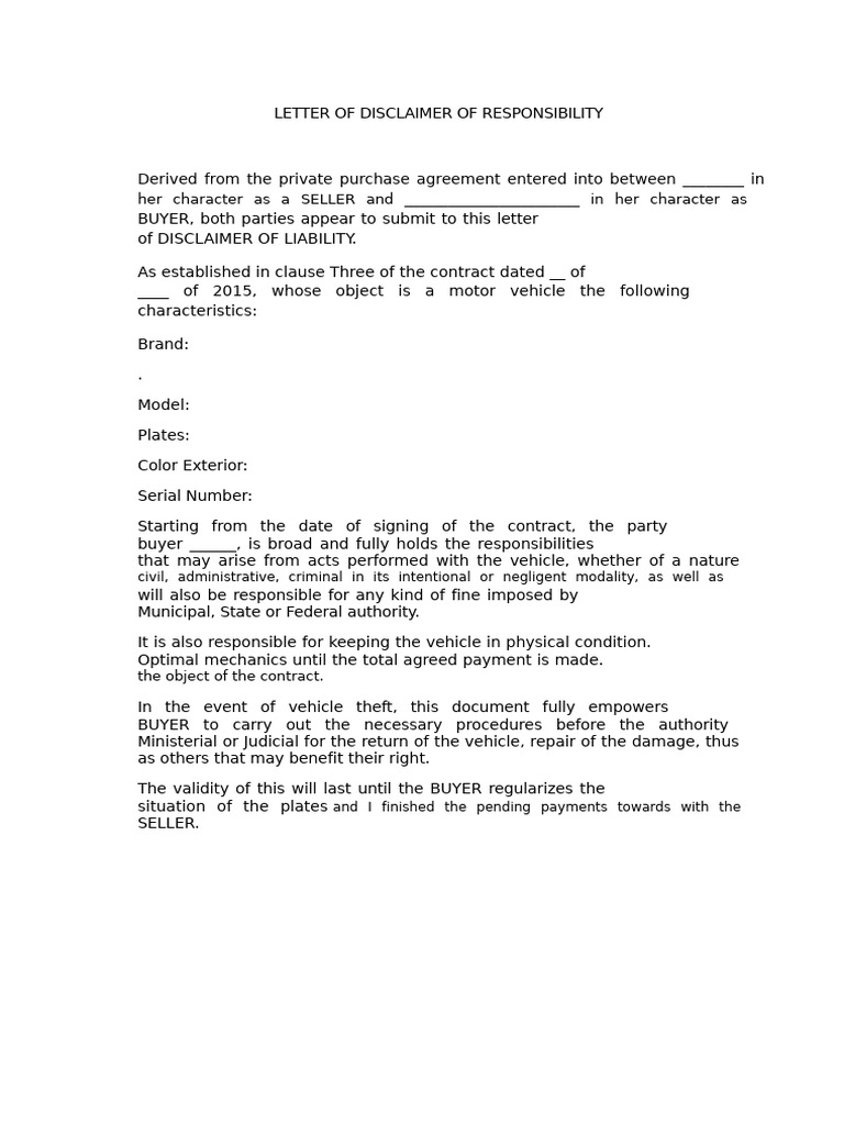 Letter of Disclaimer of Responsibility | PDF