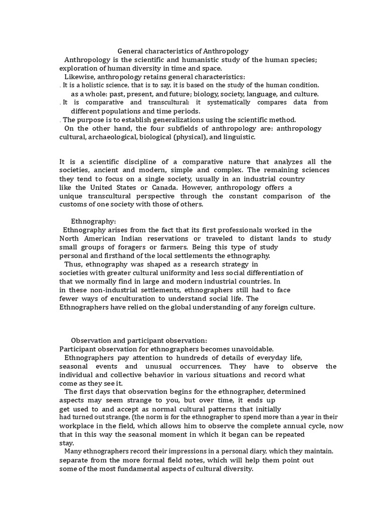 Key Characteristics of Anthropology | PDF | Ethnography | Anthropology