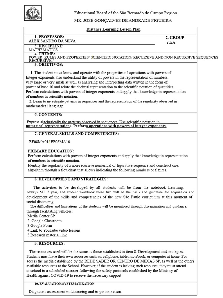 LESSON PLAN 8th Grade A - Mathematics June 8 to 12 | PDF ...