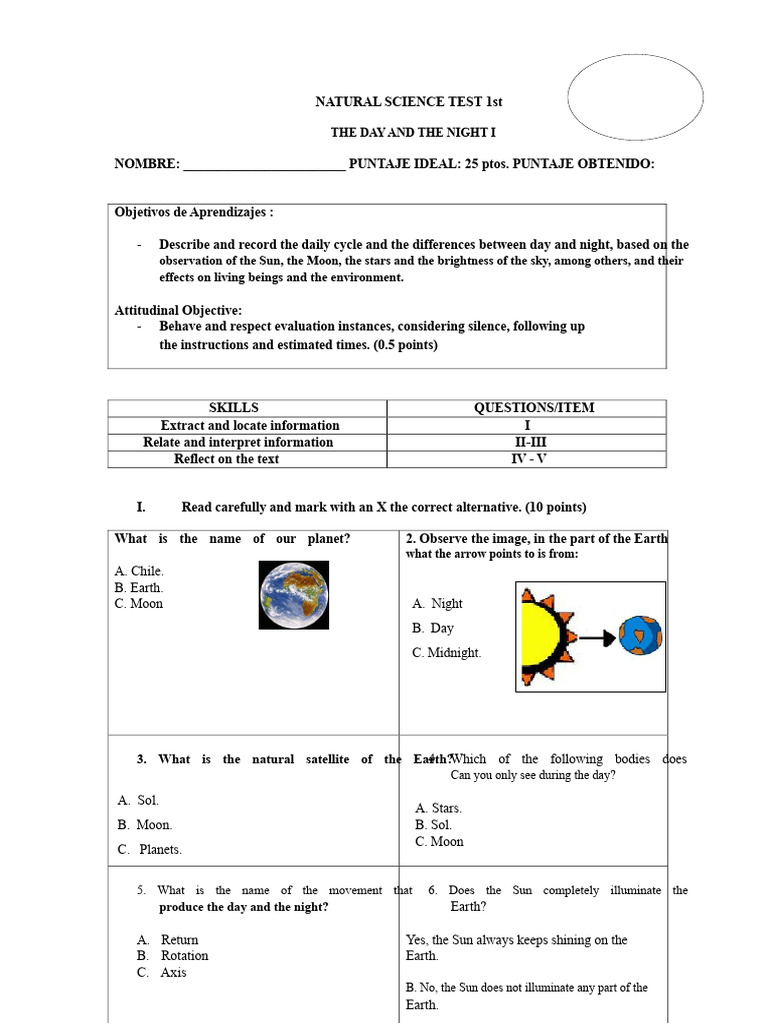 Natural Science Day and Night Test | PDF | Night | Earth