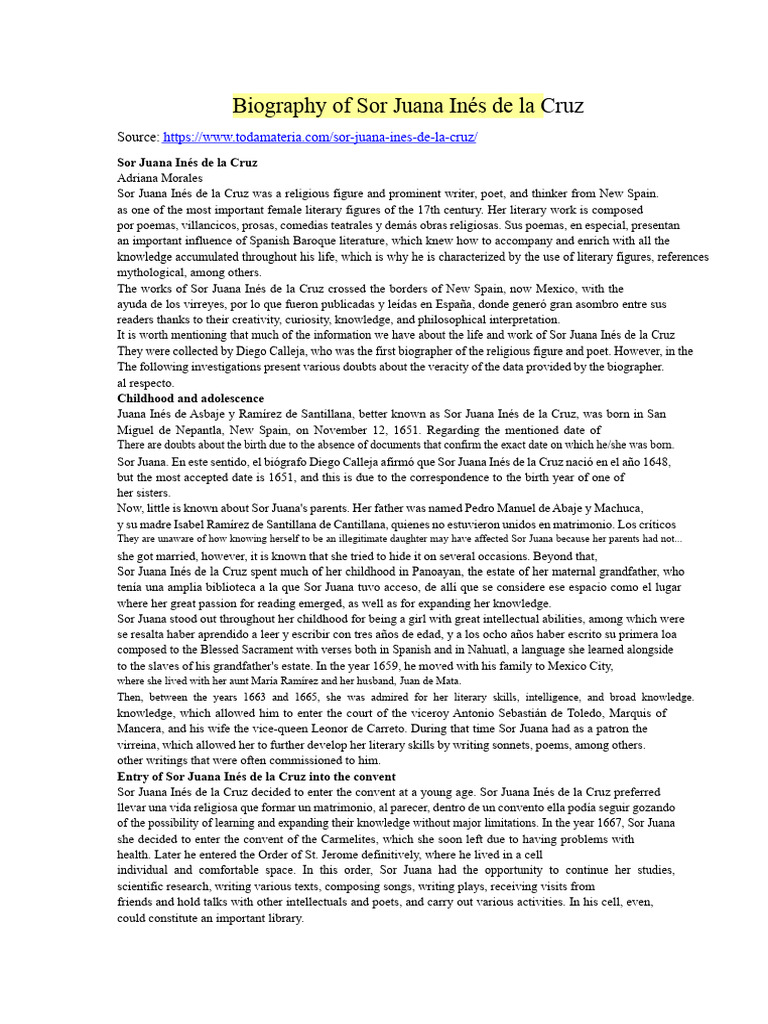 Biography of Sor Juana Inés de La Cruz | PDF