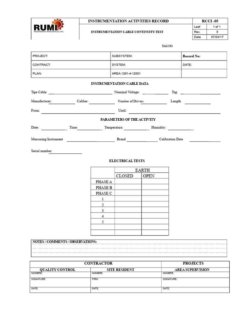 Instrumentation Cable Continuity Test Record | PDF | Instrumentation ...