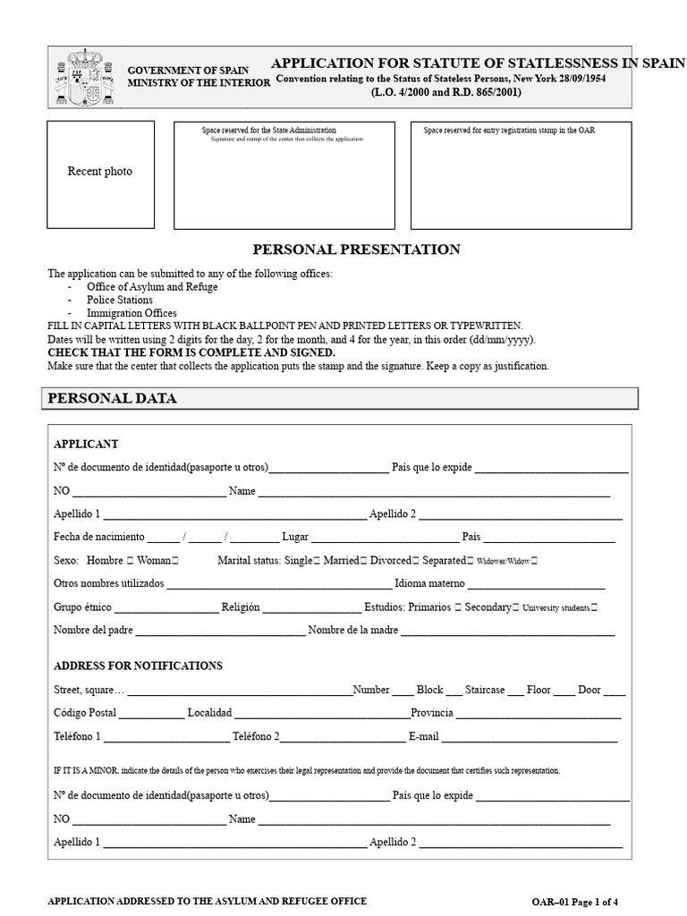 Application Form For Stateless Status Spain | PDF | Nationality ...