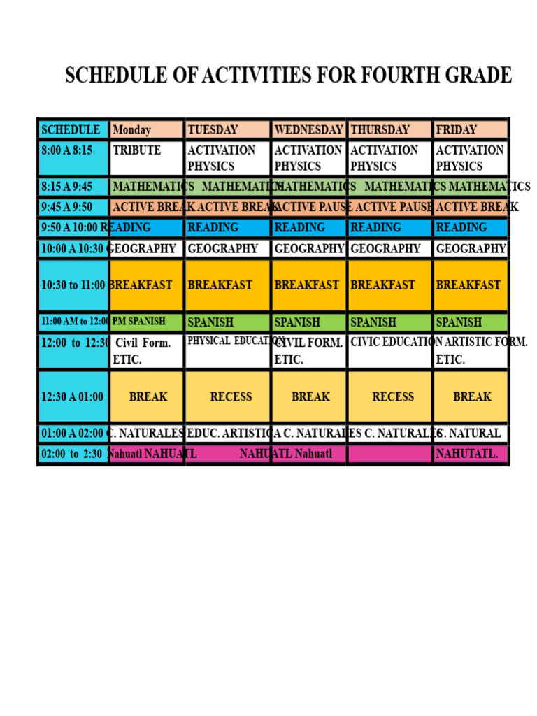 Schedule of Fourth Grade Activities | PDF