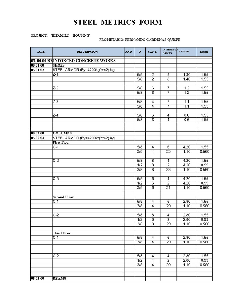 Steel Measurement Sheet | PDF | Building Technology | Building Engineering