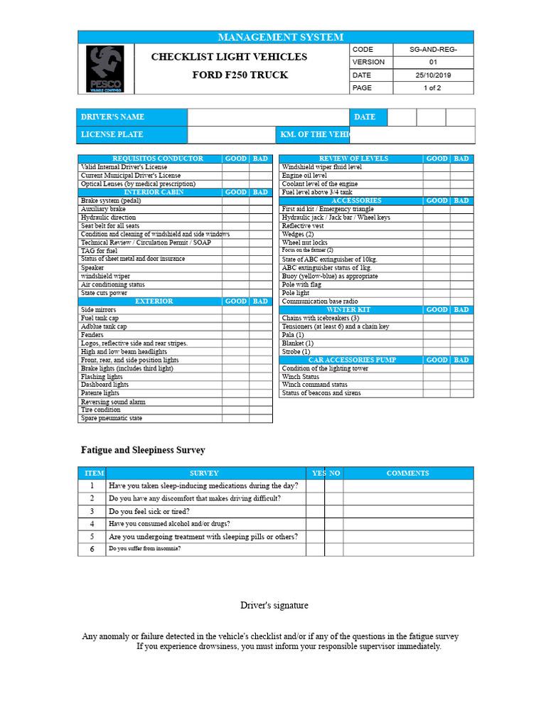 Checklist Ford 250 | PDF | Vehicles | Motor Vehicle