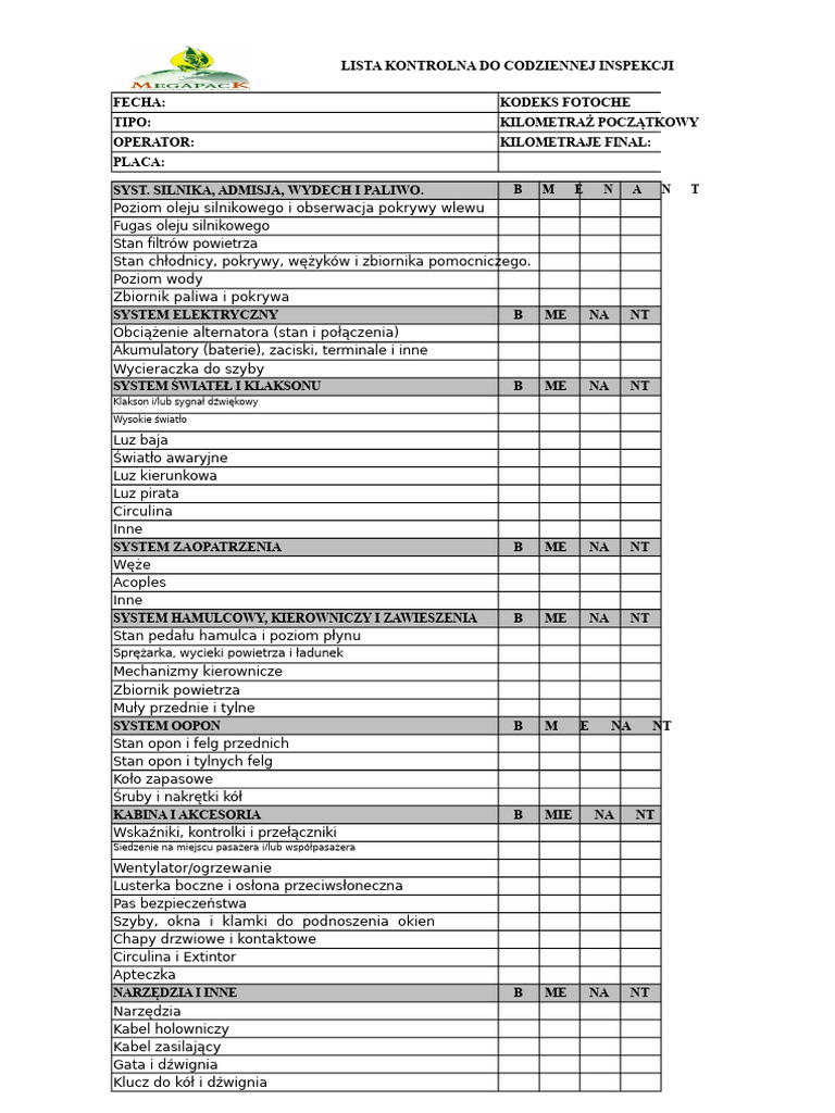 Lista Kontrolna Cysterny | PDF
