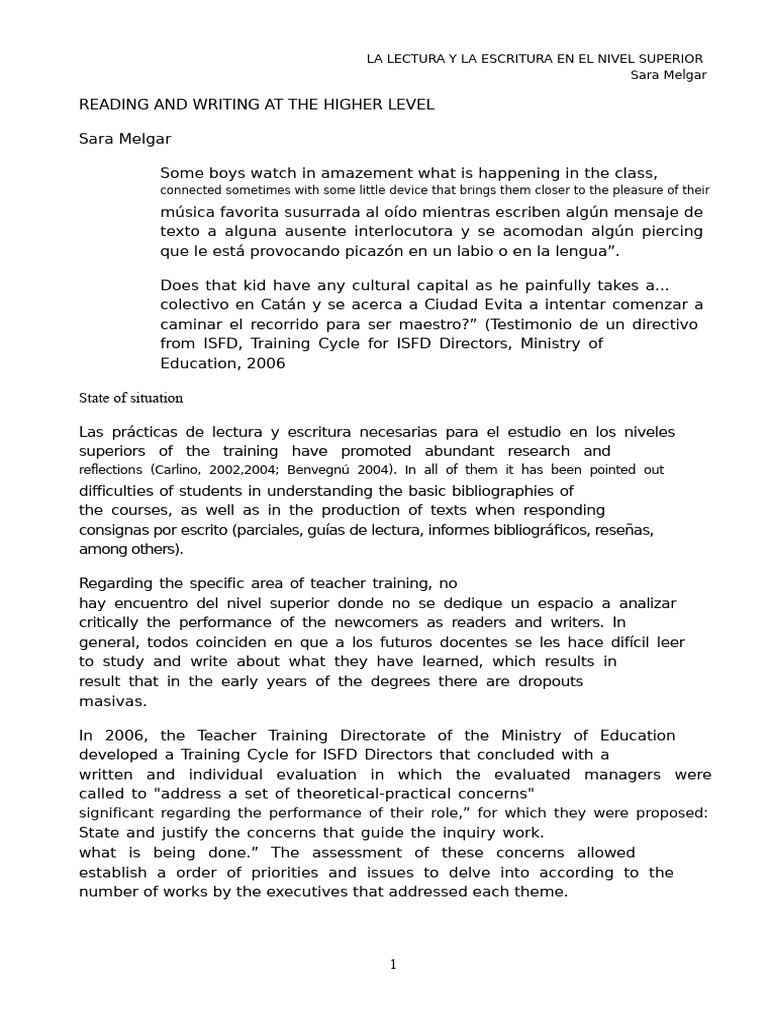 Sara Melgar - Reading and Writing in Teacher Training Institutes | PDF ...