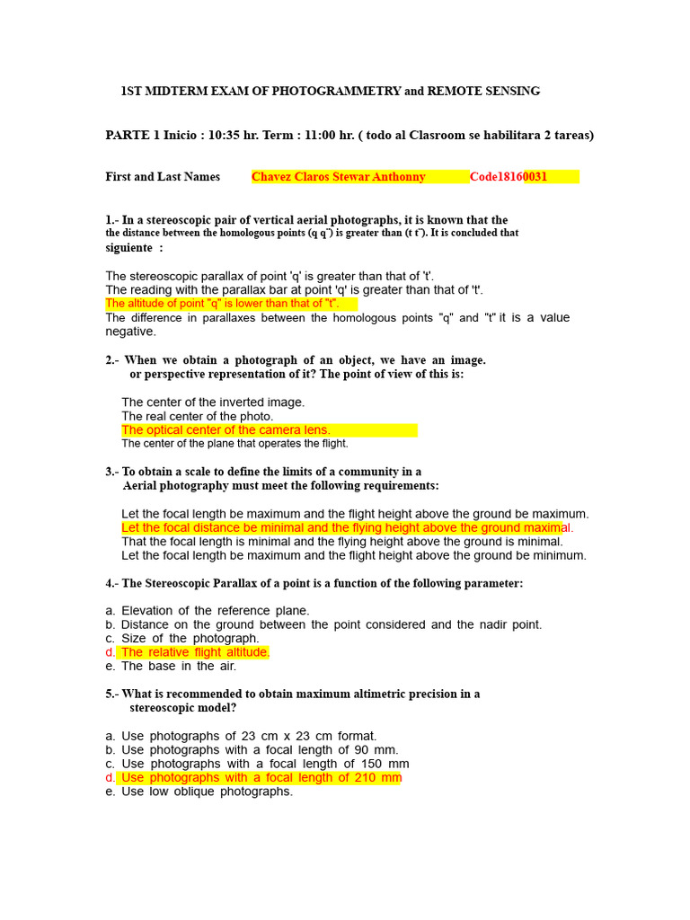 1ST Midterm Exam 1ST Part of Photogrammetry and Photointerpretation ...