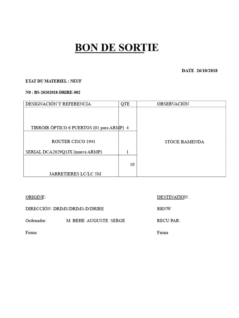 Bon de Salida de Material | PDF