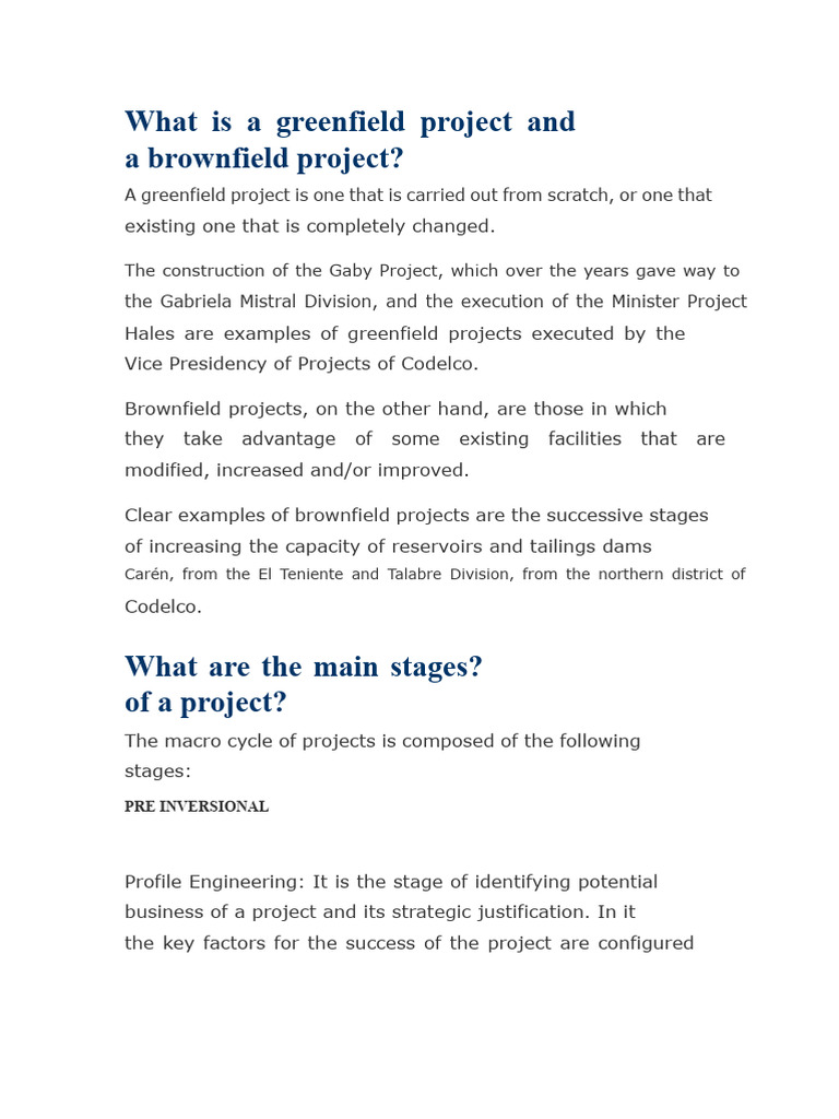 What Is A Greenfield Project and A Brownfield Project in Codelco? | PDF ...