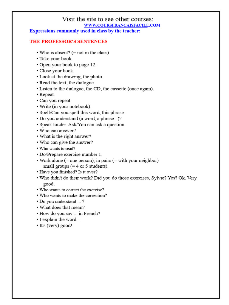 The Most Used Expressions in French Class | PDF