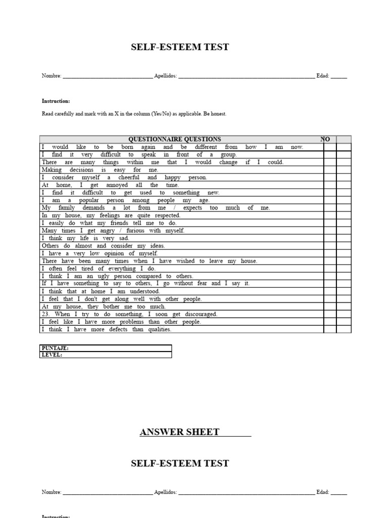 Adults - Self-Esteem Test | PDF | Self Esteem | Behavioural Sciences