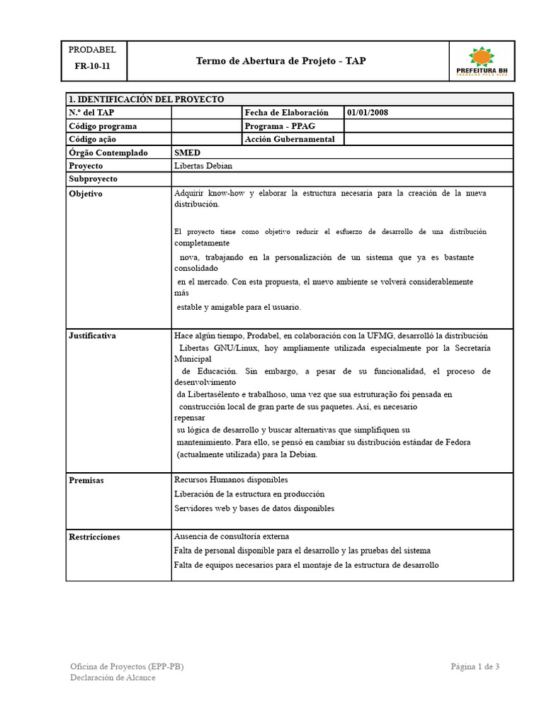 Fetch Modelo TAP Término de Apertura Proyecto | PDF | Distribución de ...
