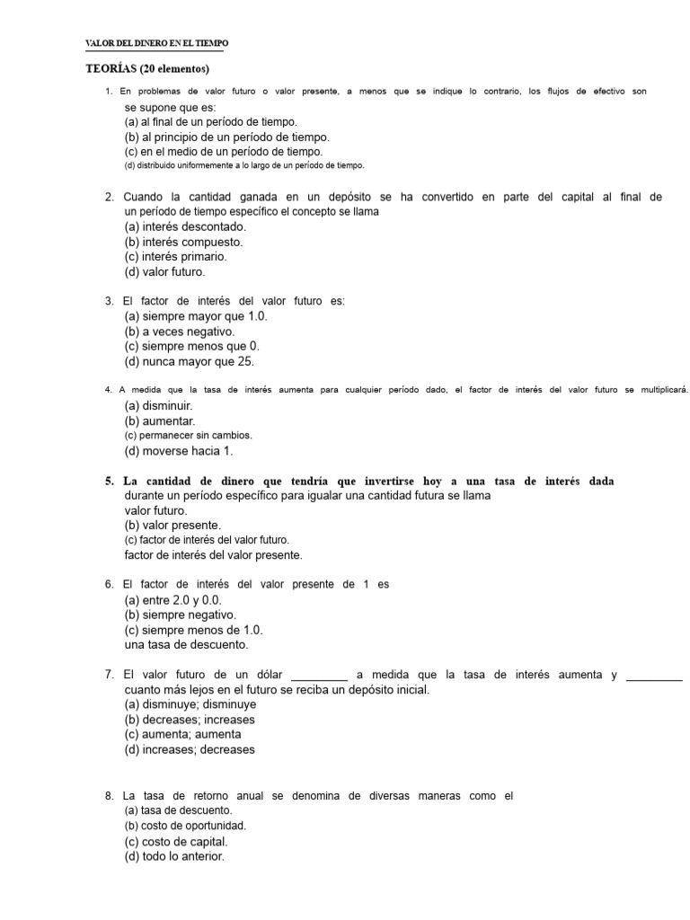 Cuestionario Sobre El Valor Del Tiempo Del Dinero - CLAVE DE RESPUESTAS ...