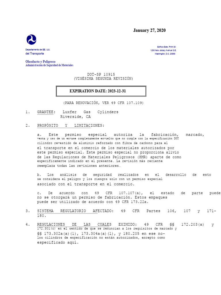 Permiso DOT-SP 10915 para Cilindros de Gas | PDF | Oxígeno | Fibras
