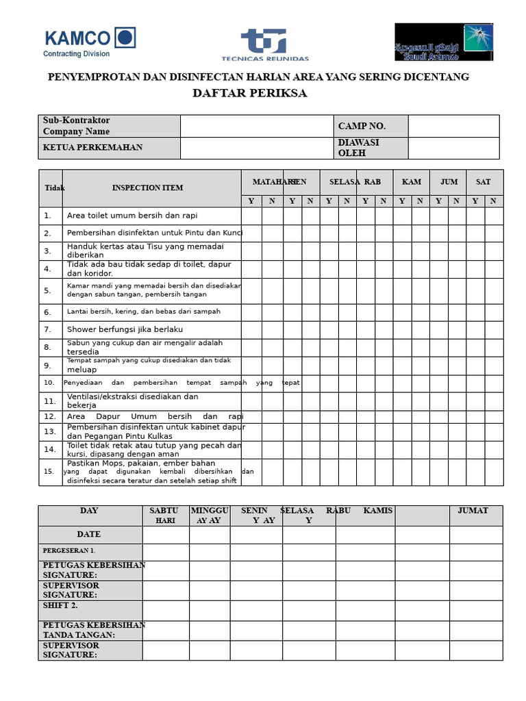 Daily Cleaning and Disinfectant of High Touch Area Inspection Checklist ...
