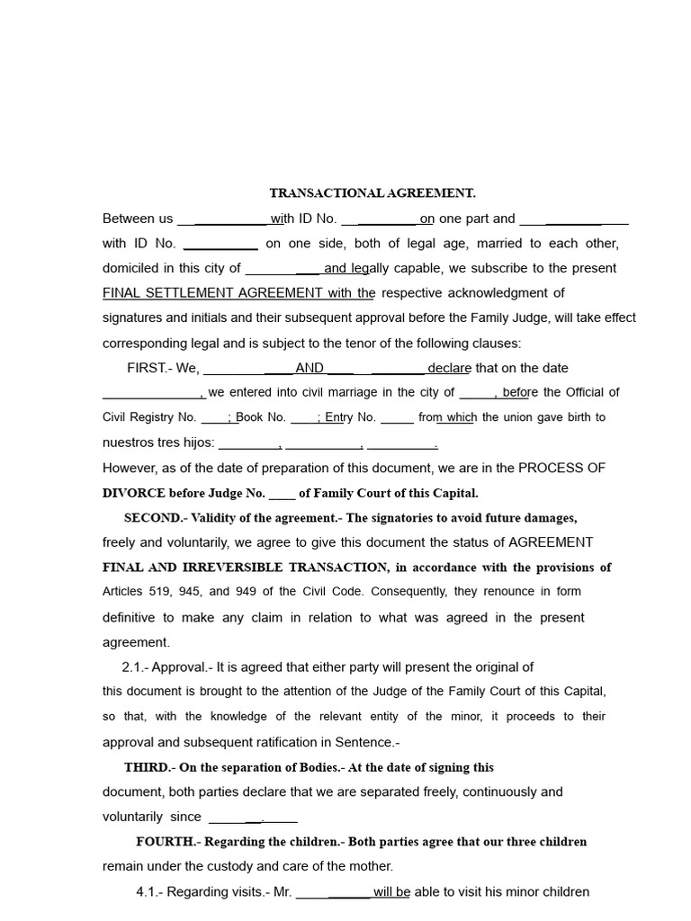 Transactional Agreement | PDF | Marriage | Divorce