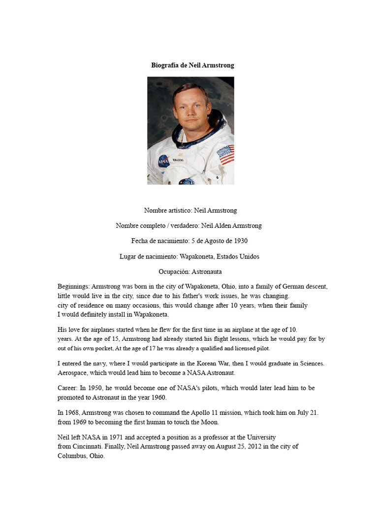 Biography of Neil Armstrong | PDF | Neil Armstrong | Outer Space