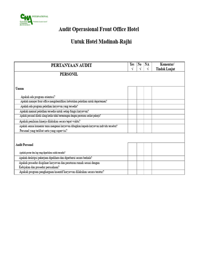 Audit Operasional Front Office Hotel | PDF
