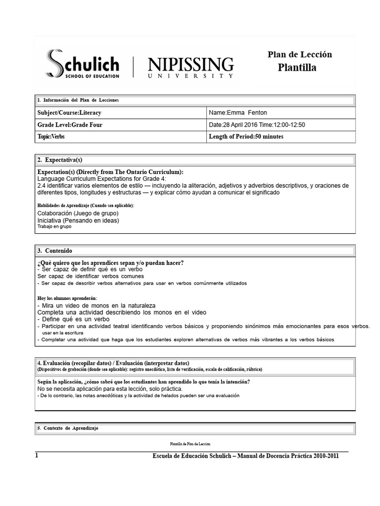 lección de verbos grado 4 | PDF | Enseñando | Aprendizaje