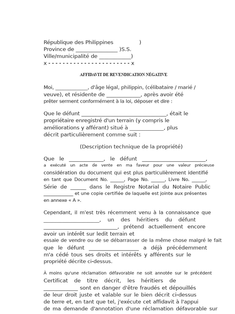 Affidavit de revendication négative Philippines | PDF