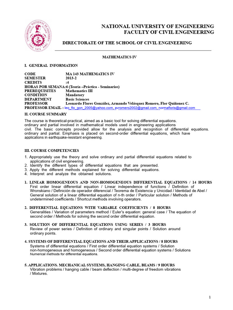 Mathematics Syllabus IV | PDF | Differential Equations | Equations