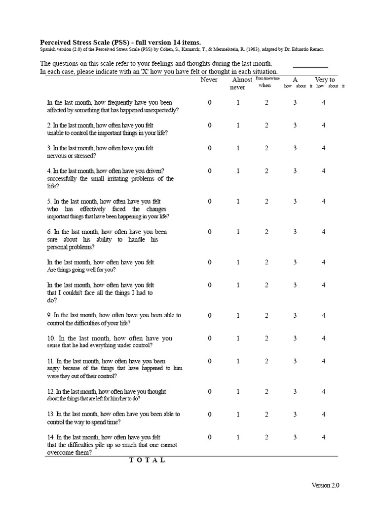 Spanish Perceived Stress Scale (PSS-14) | PDF | Psychology ...