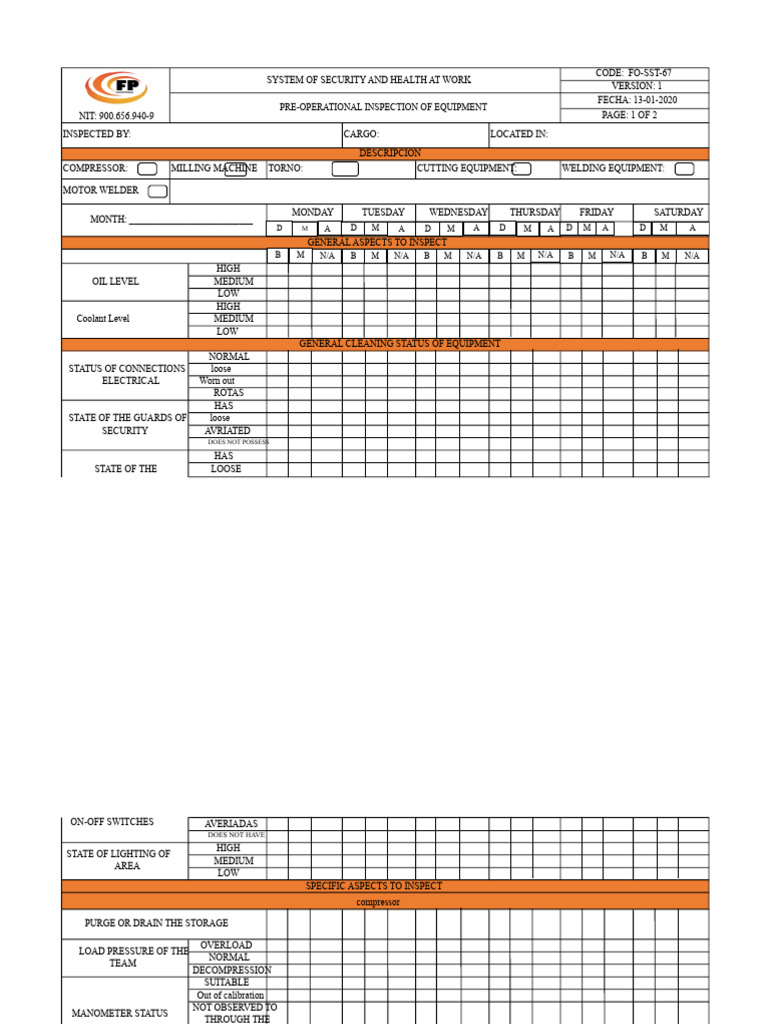 Pre-Operational Equipment Inspection Checklist | PDF | Manufactured ...