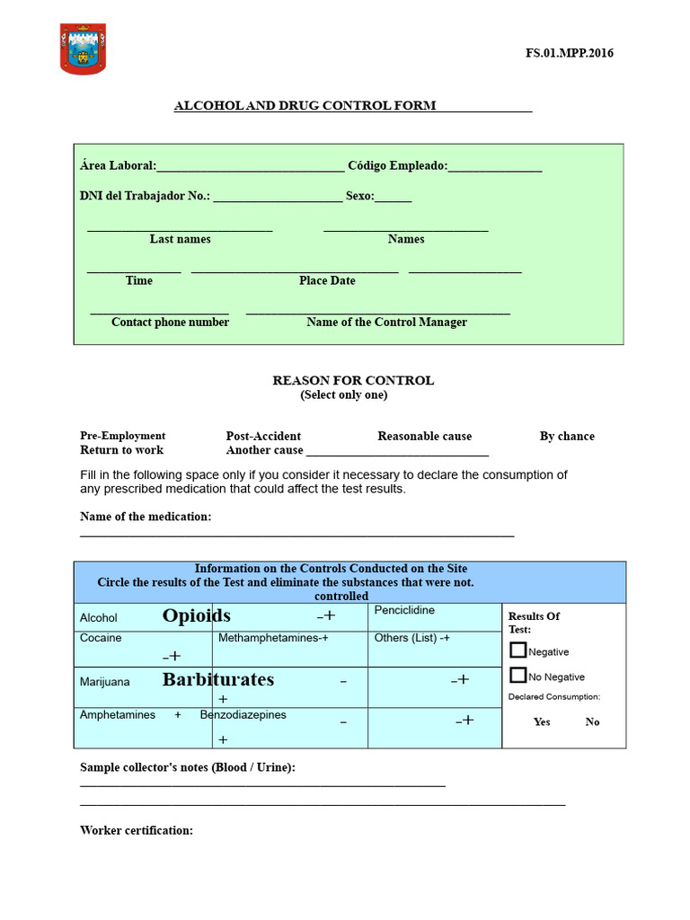 Alcohol and Drug Control Form | PDF | Health Care | Medicine