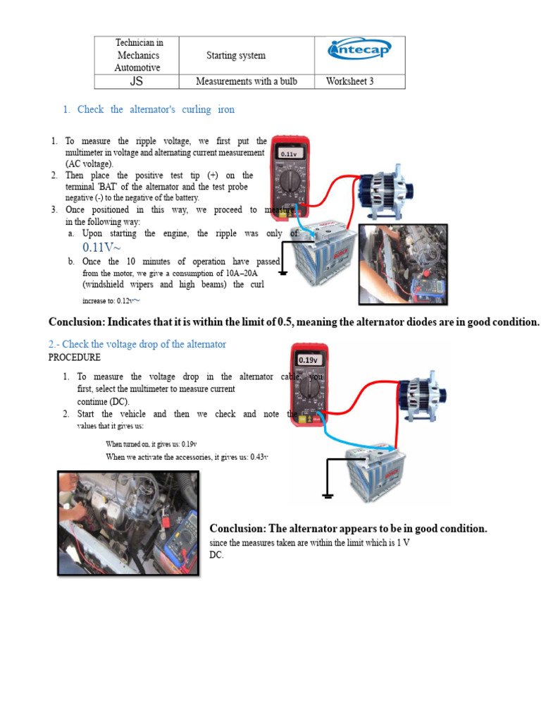 Tests Of The Alternator And Starter Motor Pdf Voltage