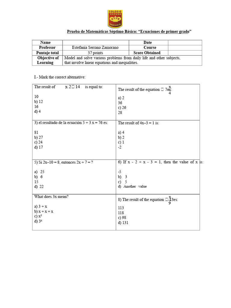 Seventh Grade Math Test Equations | PDF | Equations | Mathematics