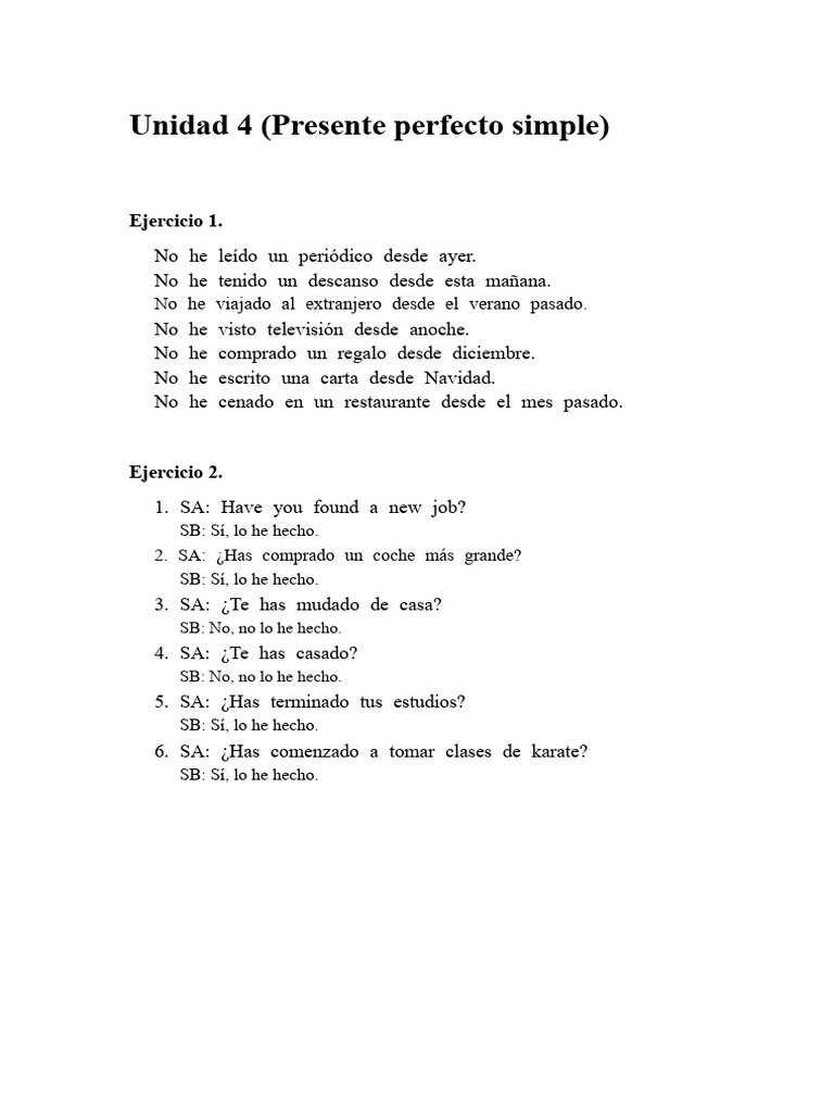 Unidad 4 Presente Perfecto Simple | PDF