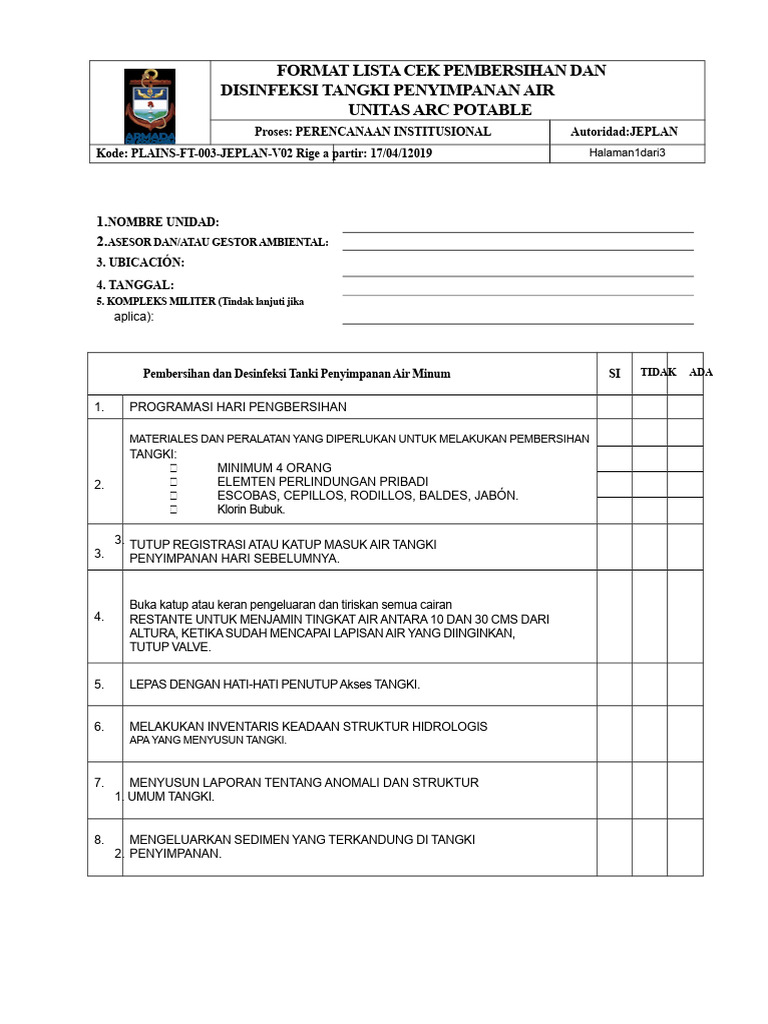 Format Daftar Periksa Pembersihan Dan Disinfeksi Tangki Penyimpanan Air ...
