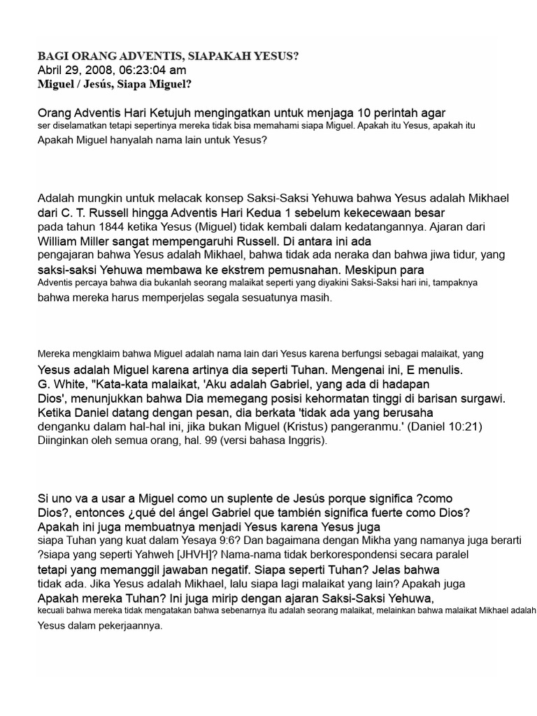 Yesus dan Mikhael dalam Ajaran Adventis | PDF