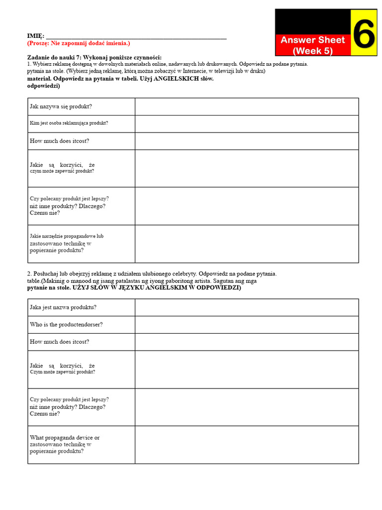 Angielski 6 Arkusz Odpowiedzi q2w5 | PDF